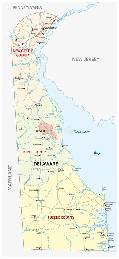 Road and Administrative Map of the US American State of Delaware Stock ...