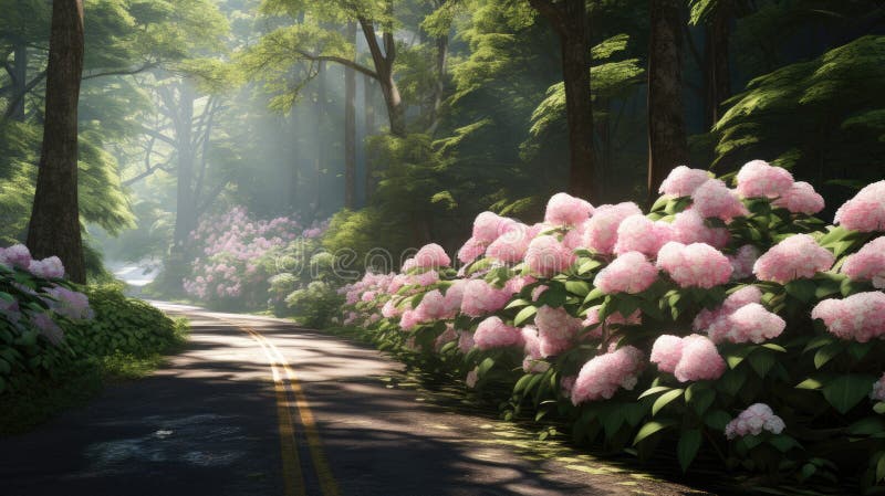 A Road Adorned with Hydrangeas on the Banks, Surrounded by the Lush ...