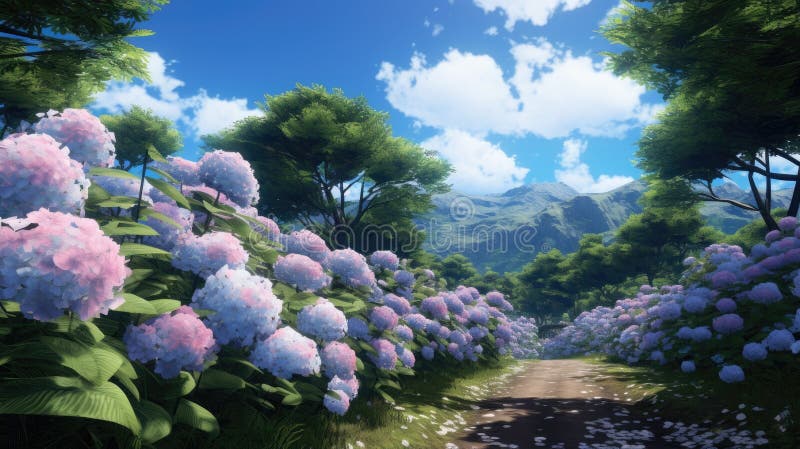 A Road Adorned with Hydrangeas on the Banks, Surrounded by the Lush ...