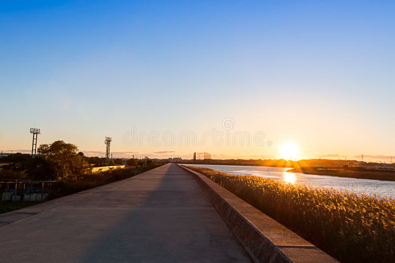 Road Along a River at Sunset Time. Stock Image - Image of agriculture ...