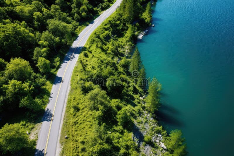 The Road Along the Sea, Lake and Forest. View from Above. a Highway in ...