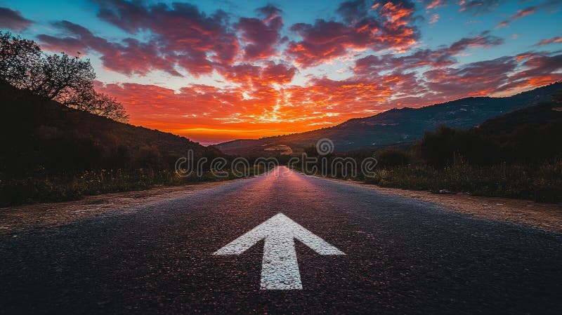 Road with Arrow Pointing Forward at Sunset, Dramatic Sky in Countryside ...