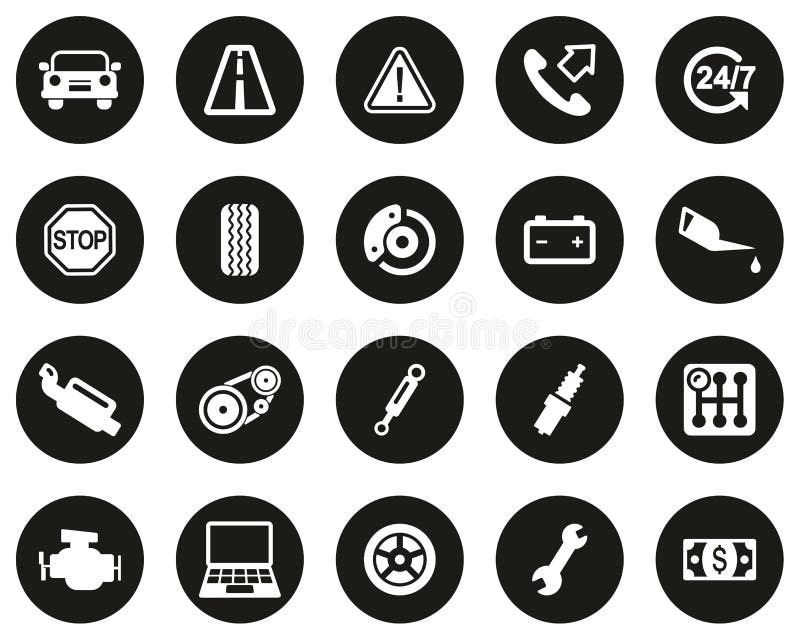 Road Assistance Service Icons White on Black Flat Design Circle Set Big ...