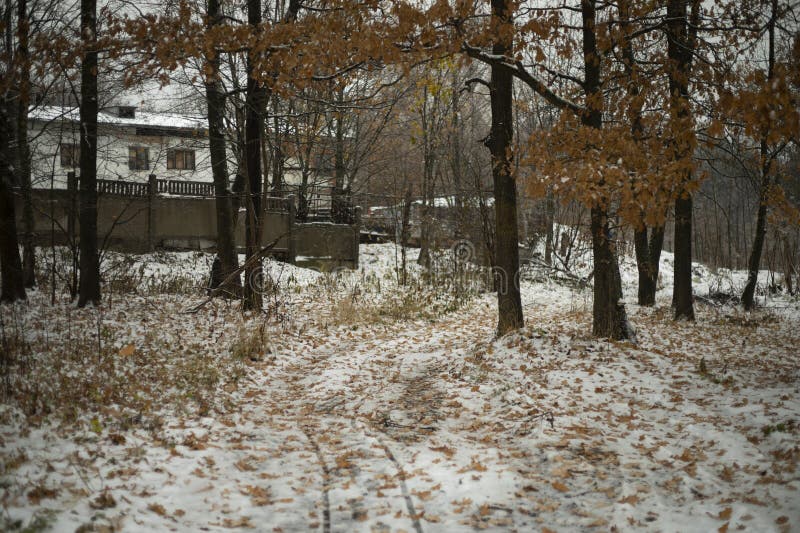 Road in Autumn. First Snow on the Trail Stock Photo - Image of ...
