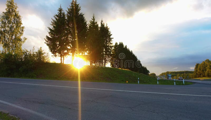 Road at Beautiful Evening. View on Highway at Sunset. Stock Image ...