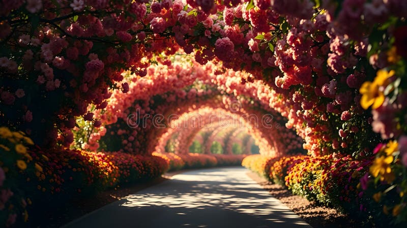 A Road Beneath a Canopy of Colorful Flowers Stock Illustration ...