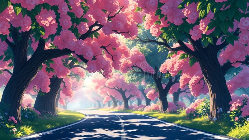 A Road Beneath a Canopy of Colorful Flowers Stock Illustration ...