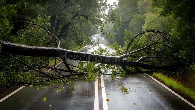 Road Blocked by a Fallen Tree, Wet Surface with Surrounding Forest ...
