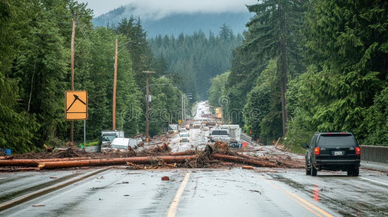 A Road Blocked by Fallen Trees after a Storm, Surrounded by Lush ...