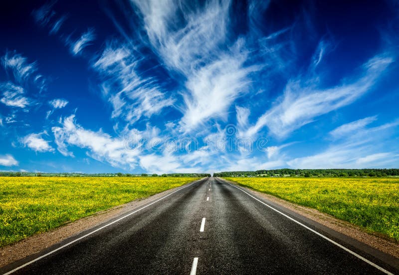 Road in Blooming Spring Meadow Stock Image - Image of cloudscape, rural ...