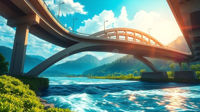 A Road Bridge Arching Over a Flowing River Stock Illustration ...