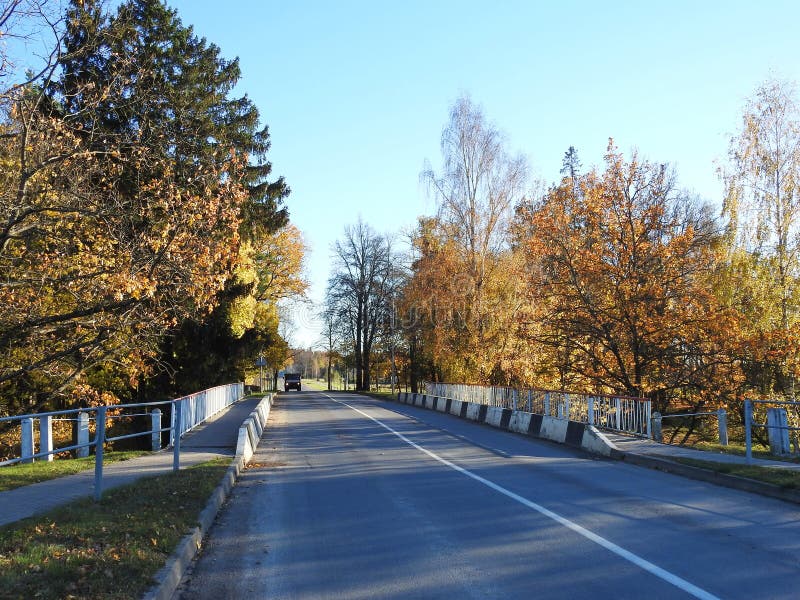 Road, Bridge and Beautiful Autumn Trees, Lithuania Stock Image - Image ...