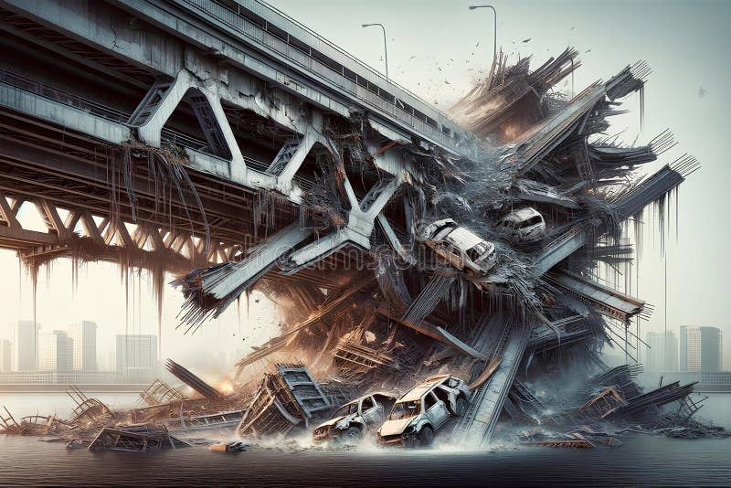 A Road Bridge Destroyed by an Explosion with Fallen, Mangled Cars Stock ...