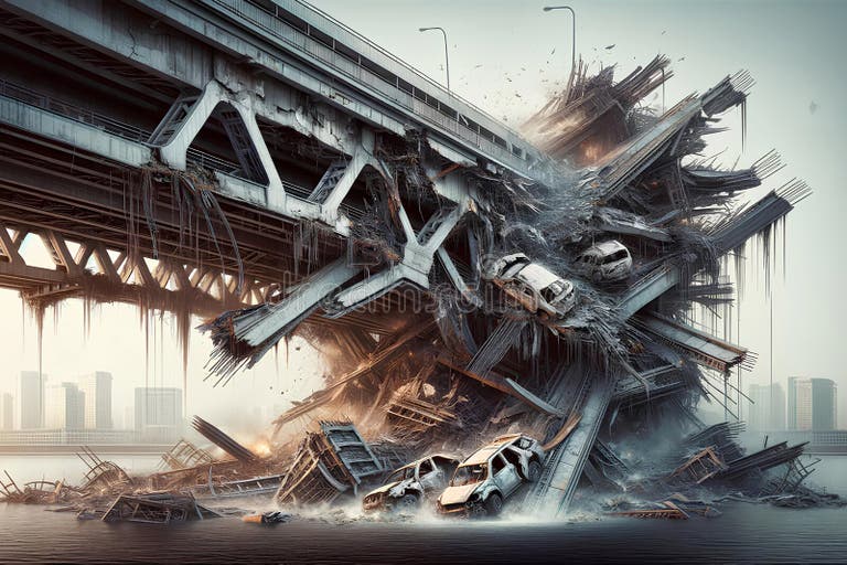 A Road Bridge Destroyed by an Explosion with Fallen, Mangled Cars Stock ...