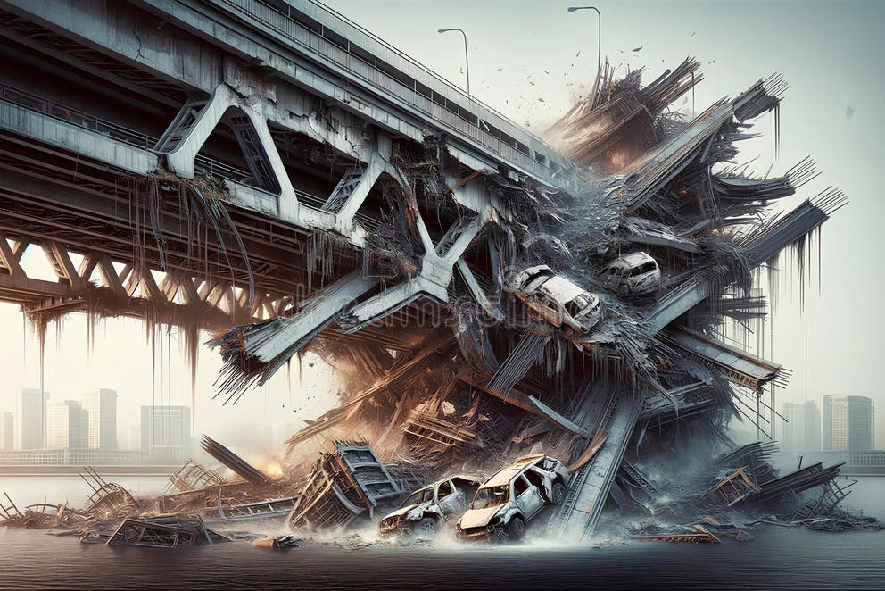 A Road Bridge Destroyed by an Explosion with Fallen, Mangled Cars Stock ...