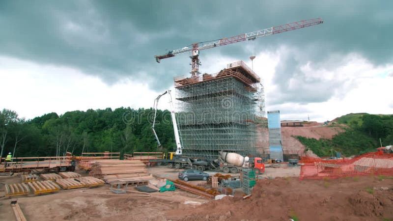 Road Bridge Support Building Site with Construction Crane Stock Footage ...
