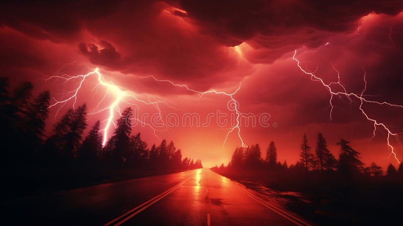 A Road with a Bunch of Lightning in the Sky Stock Illustration ...