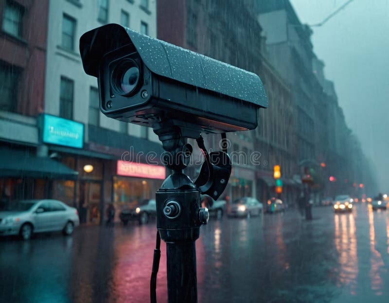 Road Camera in the Rain. Artificial Intelligence. Stock Photo - Image ...
