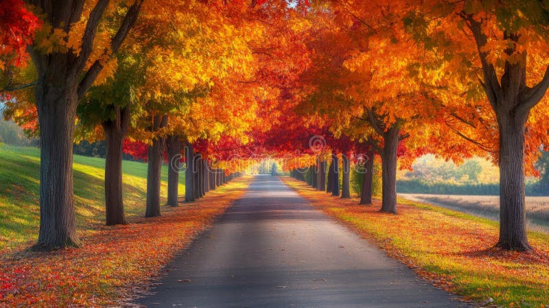A Road through a Canopy of Vibrant Autumn Leaves Stock Illustration ...
