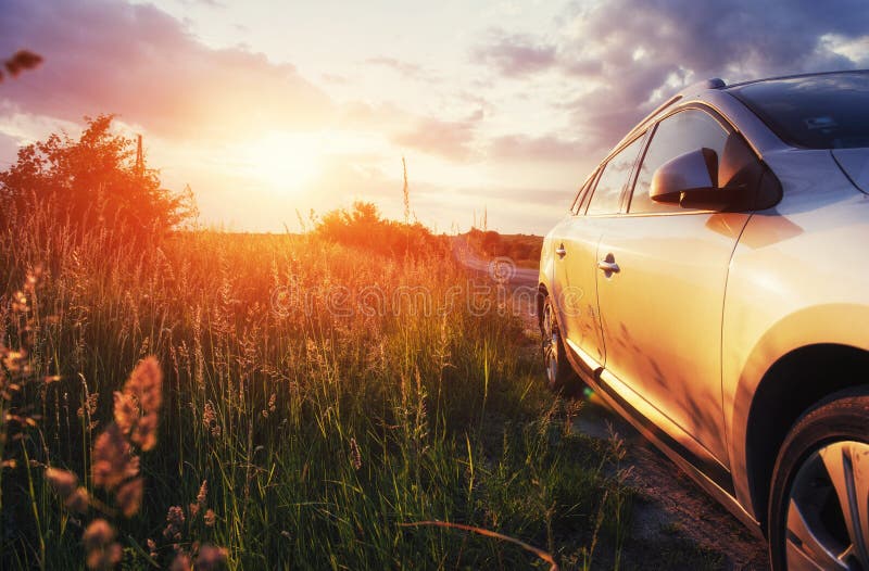 Road Car on a Field at Sunset. Ukraine Europe Stock Image - Image of ...