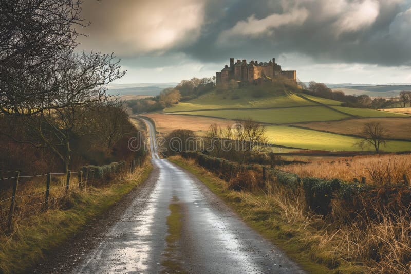 A Road with a Castle in the Background. Road To Somewhere Concept Stock ...