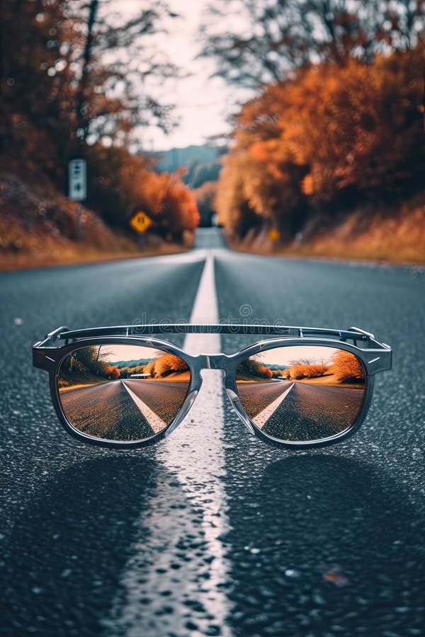 Road Center Line Leading To Source of Light Behind an Eyeglasses, with ...