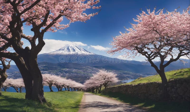 A Road with Cherry Trees on Either Side Stock Photo - Image of snow ...