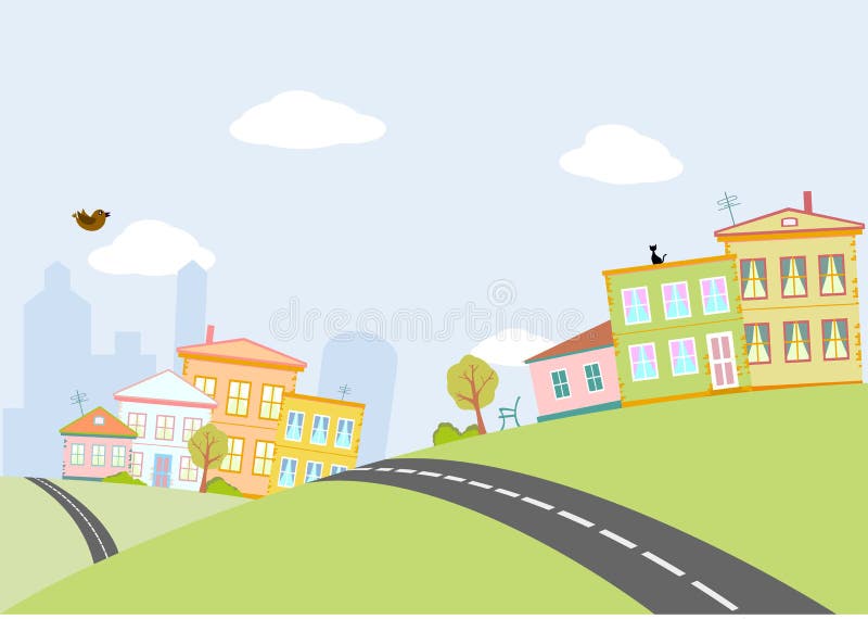Suburb with Road Against the Background of a City Stock Vector ...