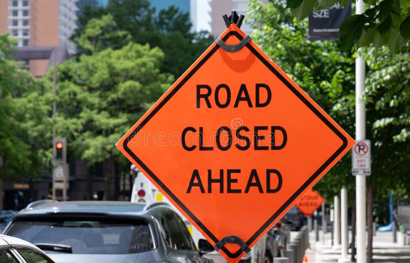 Road Closed Ahead Orange and Black Sign Stock Image - Image of closure ...