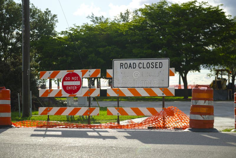 Road Closed at Construction Site with Protective Fence Barrier Stock ...