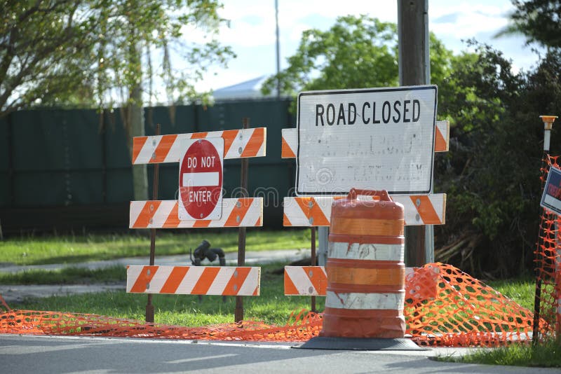 Road Closed at Construction Site with Protective Fence Barrier Stock ...