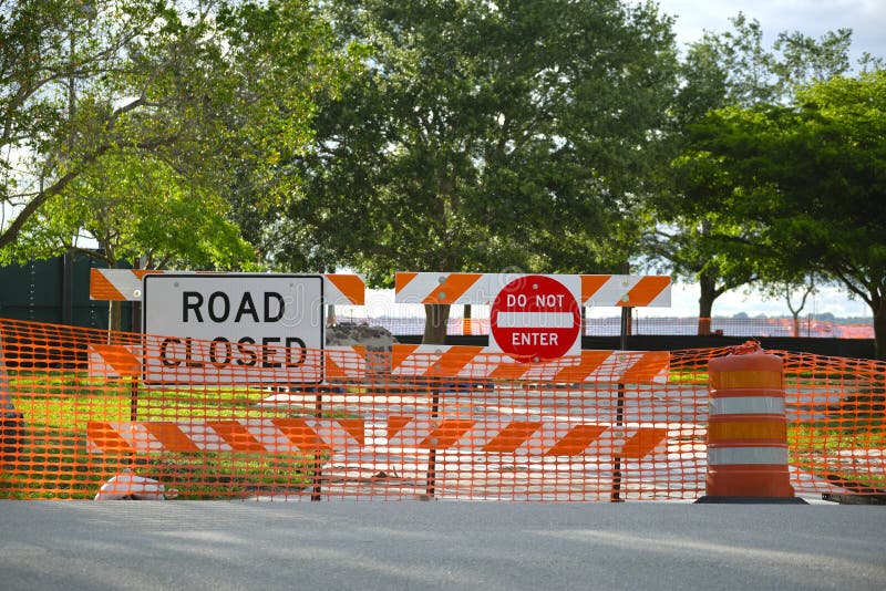 Road Closed at Construction Site with Protective Fence Barrier Stock ...