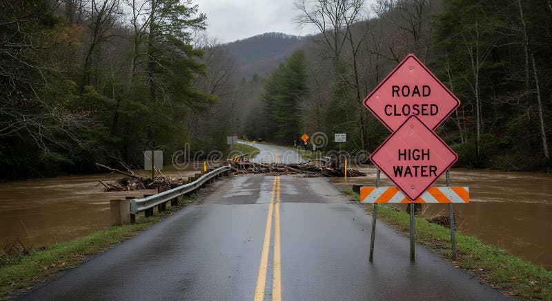 Road Closed Due To High Water: Flooded River Blocks Mountain Road Stock ...