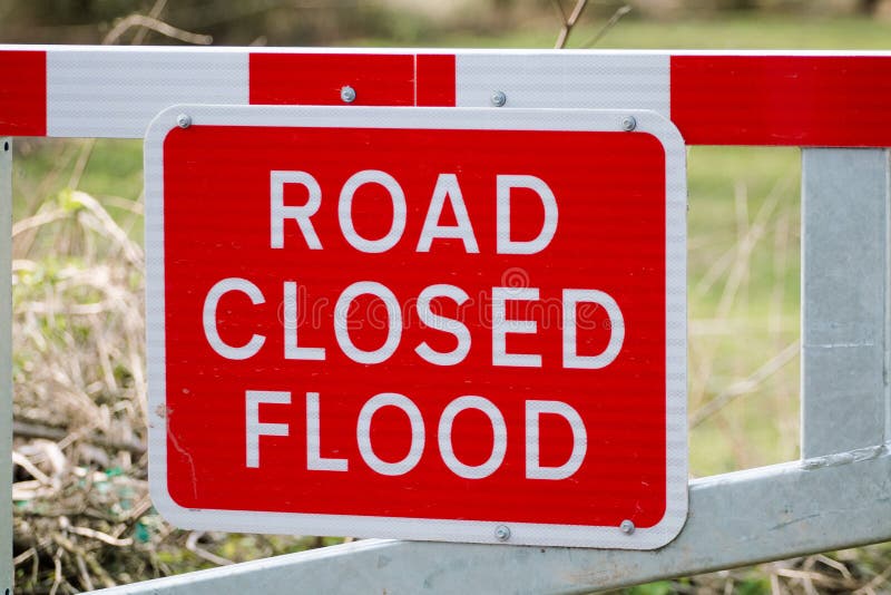 Flood Road Closed Warning Sign on Barrier Stock Photo - Image of ...