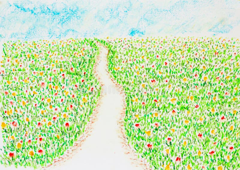 Road among Colorful Flower Field Stock Illustration - Illustration of ...