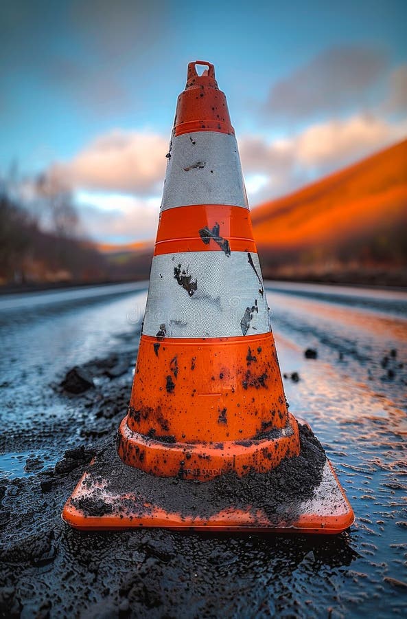 Road Cone is Placed on the Road To Prevent the Dirt from Being Washed ...