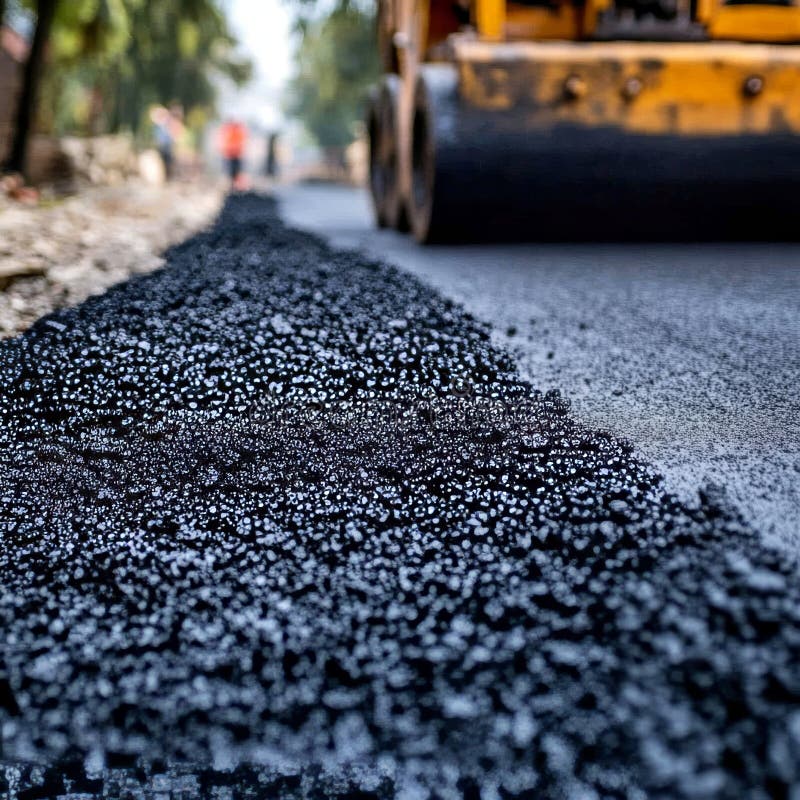 Road Construction with Asphalt Finisher and Steamroller, Close-up on ...