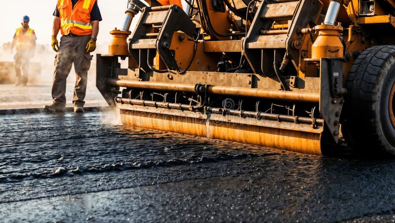 Road Construction with Asphalt Paving Machine and Workers Stock ...
