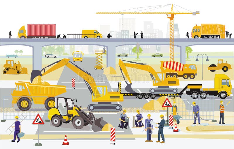 Road Construction and Bridges Construction Site with Builders ...