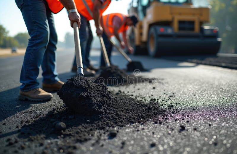 Road Construction Crew Scatters Asphalt Over New Pavement. Road Workers ...