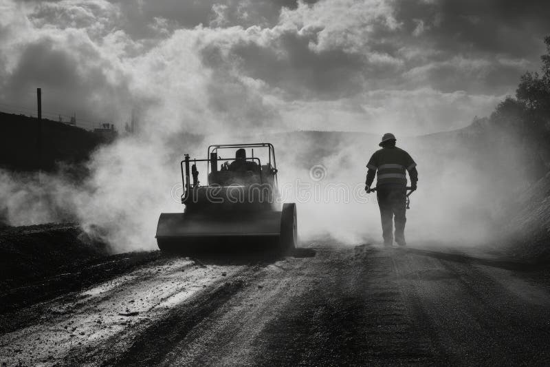 Road Construction Crew Utilizing Steamroller for Smoothing Newly Laid ...