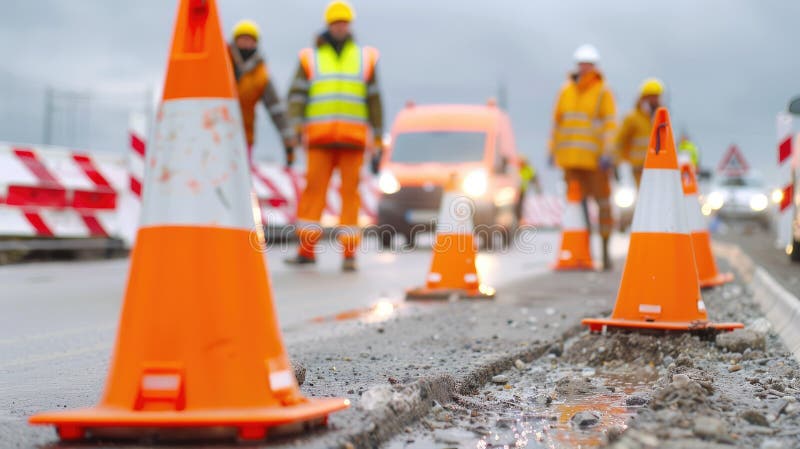 Road Construction Crew Working Behind Traffic Cones at Dusk Stock Photo ...