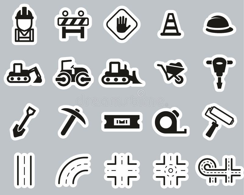 Road Construction Icons Black & White Sticker Set Big Stock Vector ...