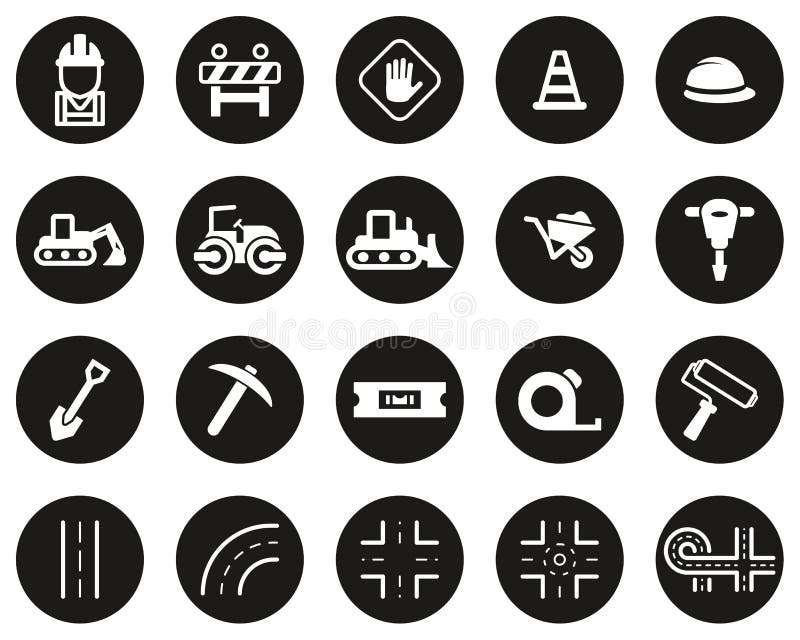 Road Construction Icons White on Black Flat Design Circle Set Big Stock ...
