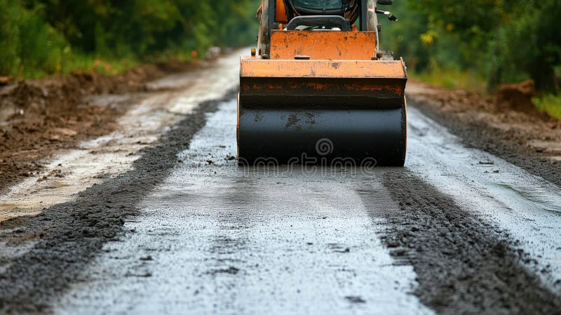 Road Construction Machinery Compacting Asphalt Surface, Dirt Path ...