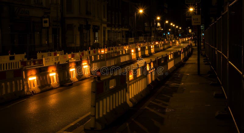 Road Construction at Night with Barriers and Warning Lights Stock ...