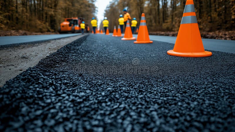 Road Construction in Progress, Workers and Orange Cones Along the Newly ...