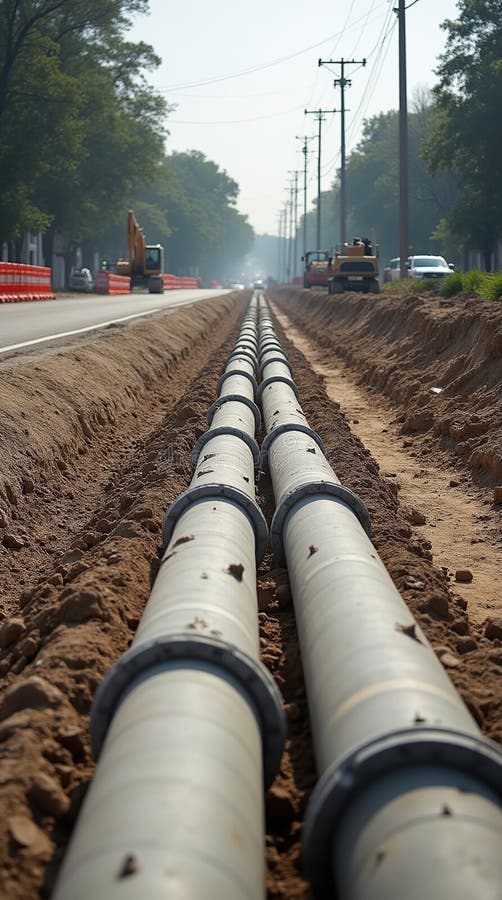 Large Concrete Pipes Installed Along a Road Construction Site for ...