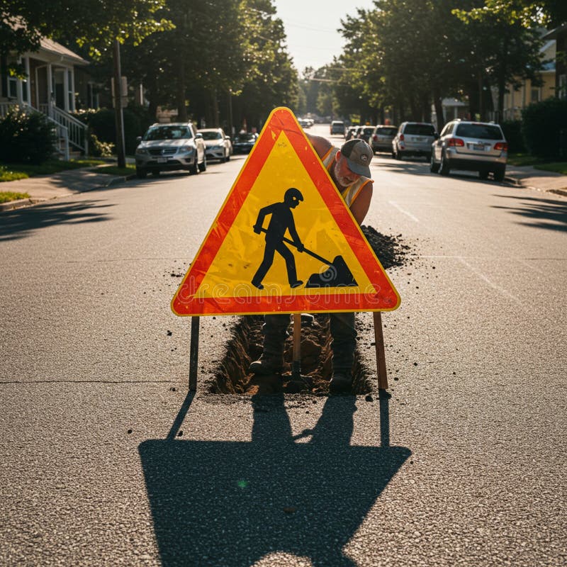 A Road Construction Scene Features a Triangular Warning Sign with a ...