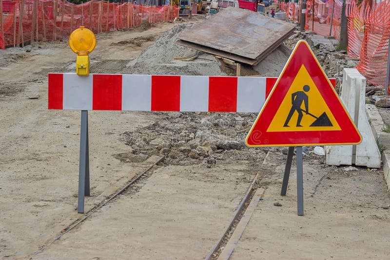 Road Construction Sign with Yellow Warning Light Stock Photo - Image of ...